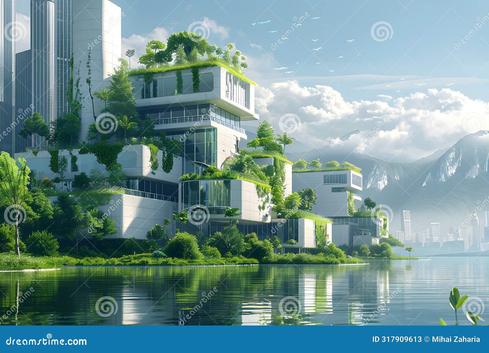 Futuristic Green Architecture on Waterfront. Illustration Stock ...