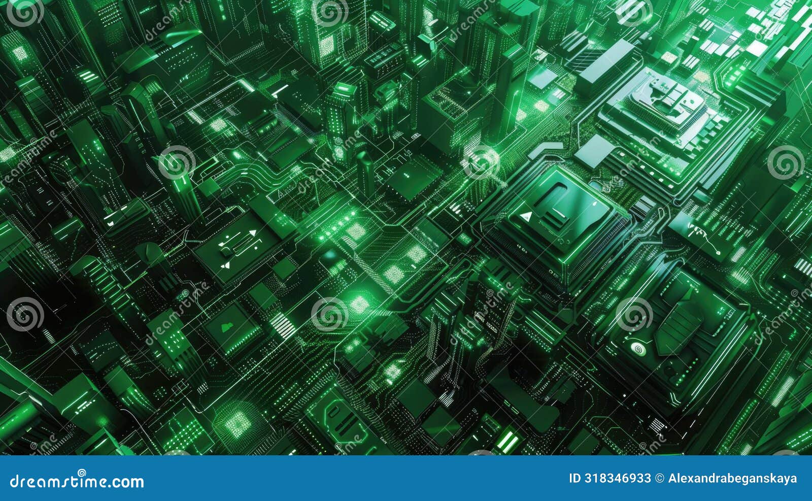 Futuristic Green Circuit Cityscape: Abstract Technology Background ...