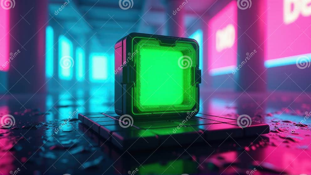 Futuristic Green Screen Cube in Neon-Lit Cyberpunk Setting Stock ...