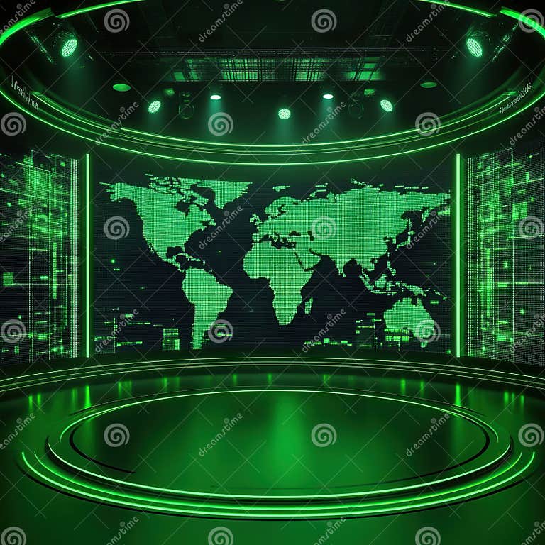 Futuristic Green Studio with World Map, Digital Interface, and Lighting ...