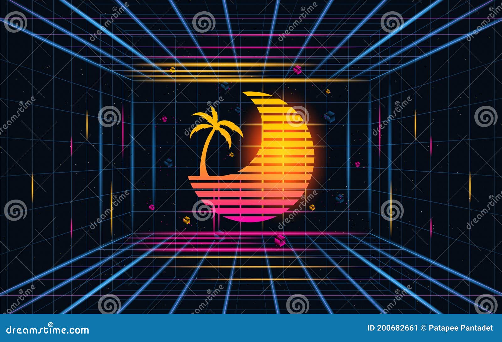 Futuristic Grid Sunset with Coconut Tree Abstracts.Future Theme Concept ...