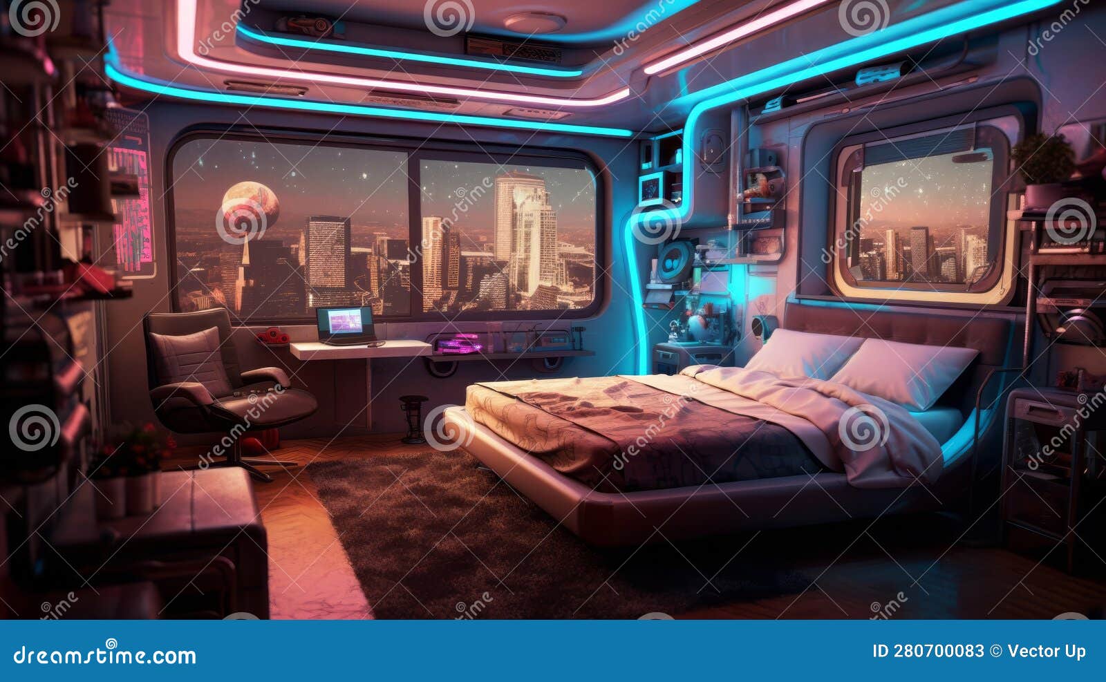 Futuristic Guy Room in Cyberpunk Dystopia. Generative AI. Stock ...