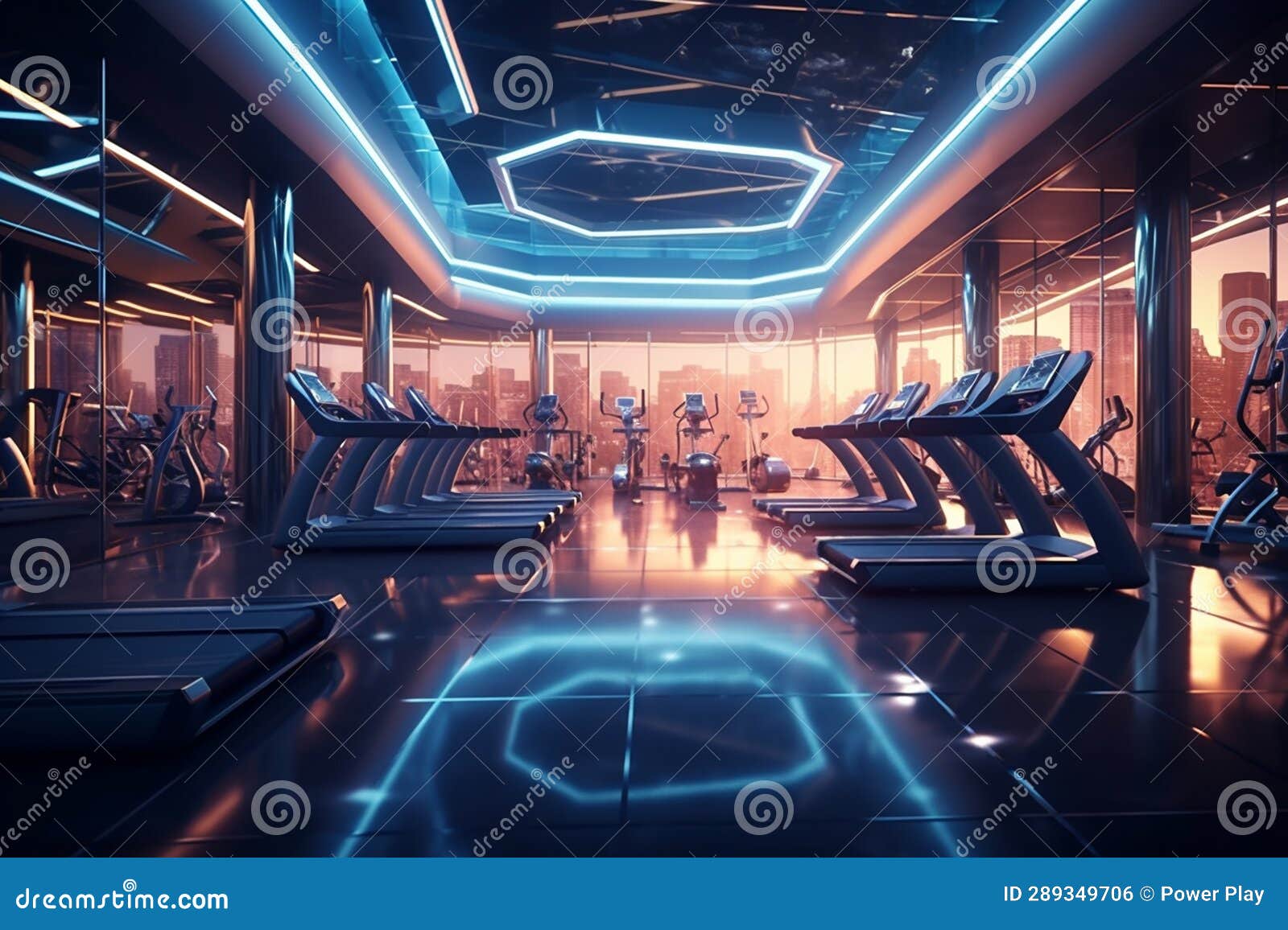 Futuristic Gym Interior with Neon Lights. 3D Rendering Stock ...