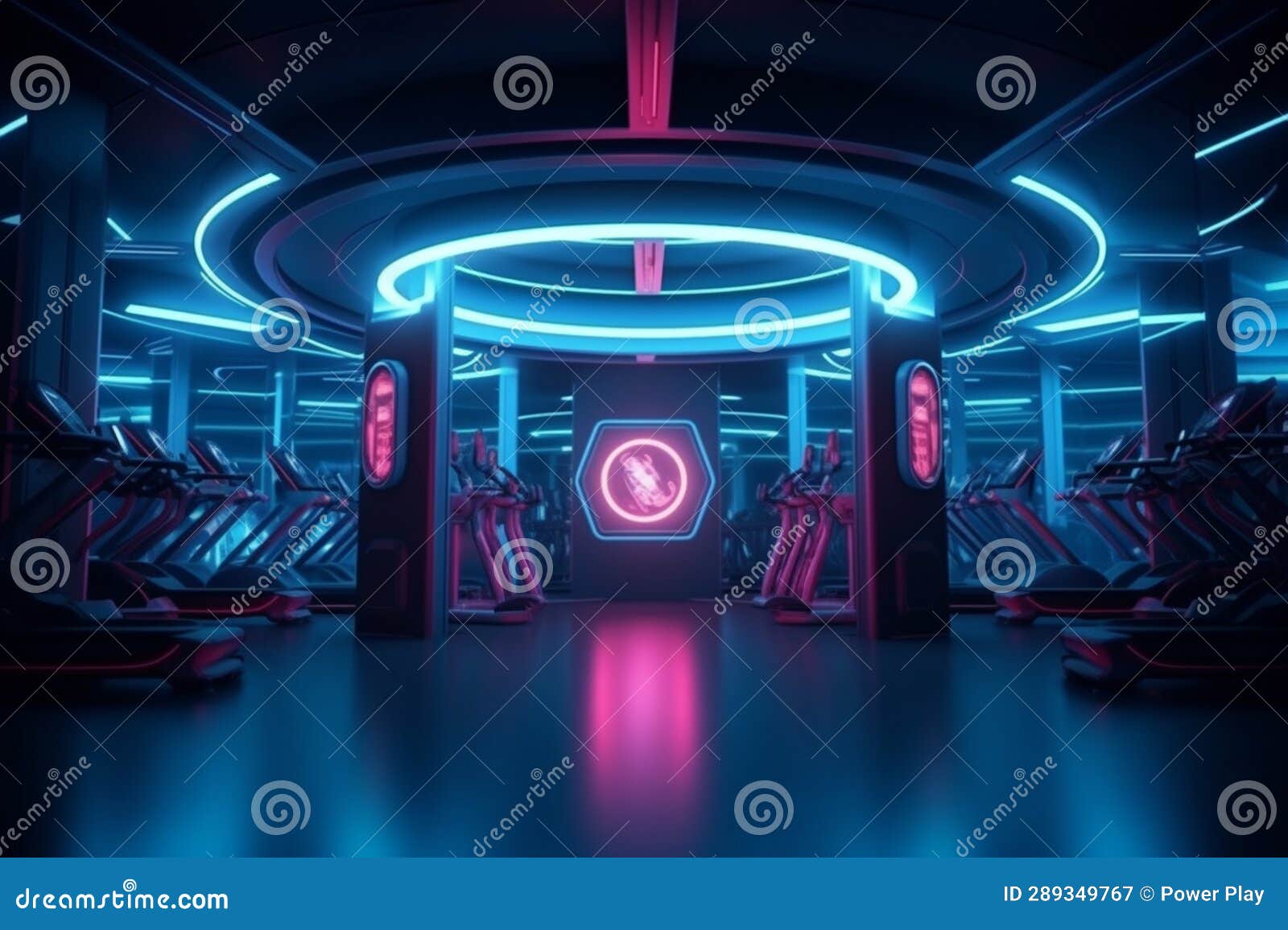 Futuristic Gym Interior with Neon Lights. 3D Rendering Stock ...