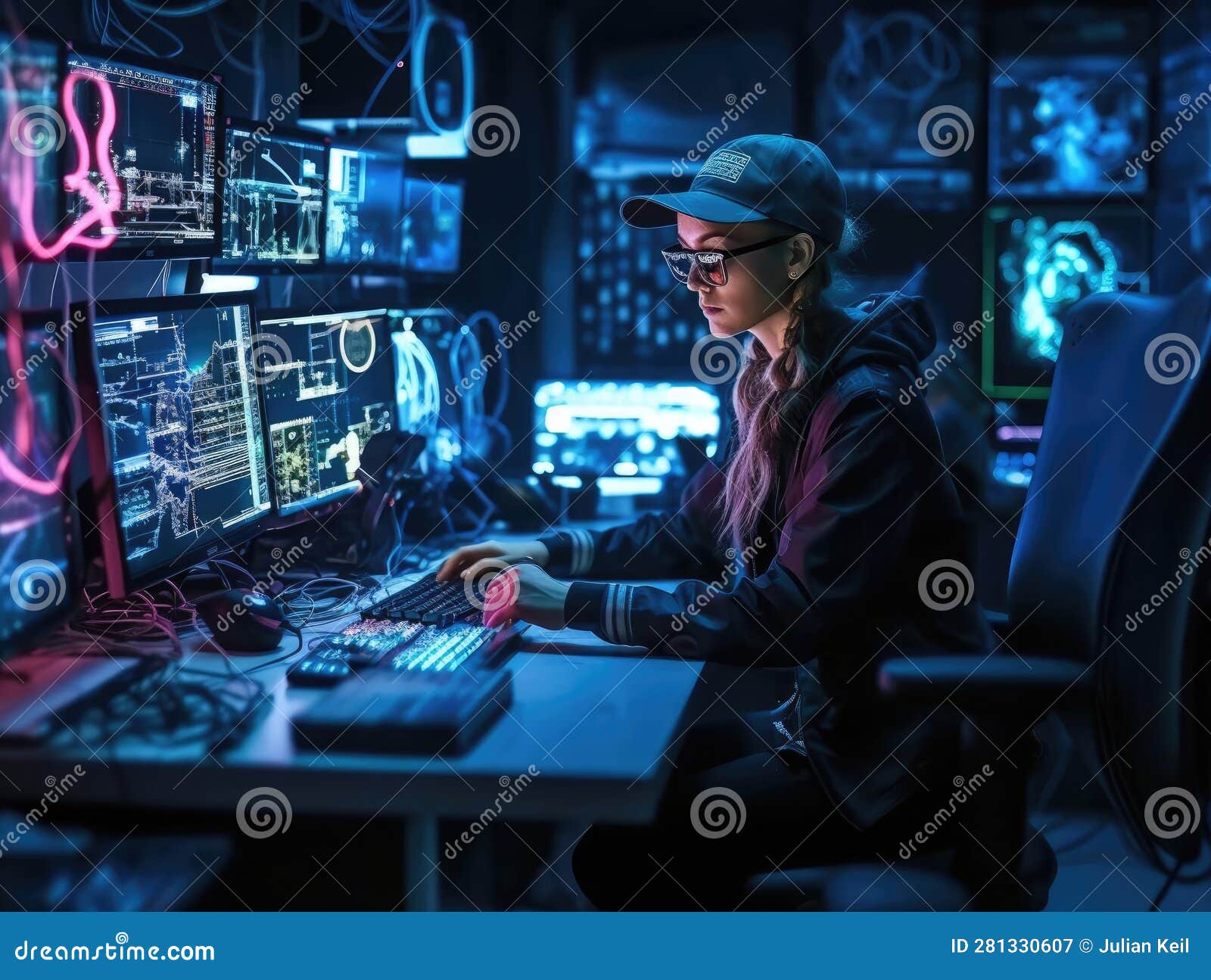 Futuristic Hacker Amidst Augmented Reality Screens Stock Illustration ...