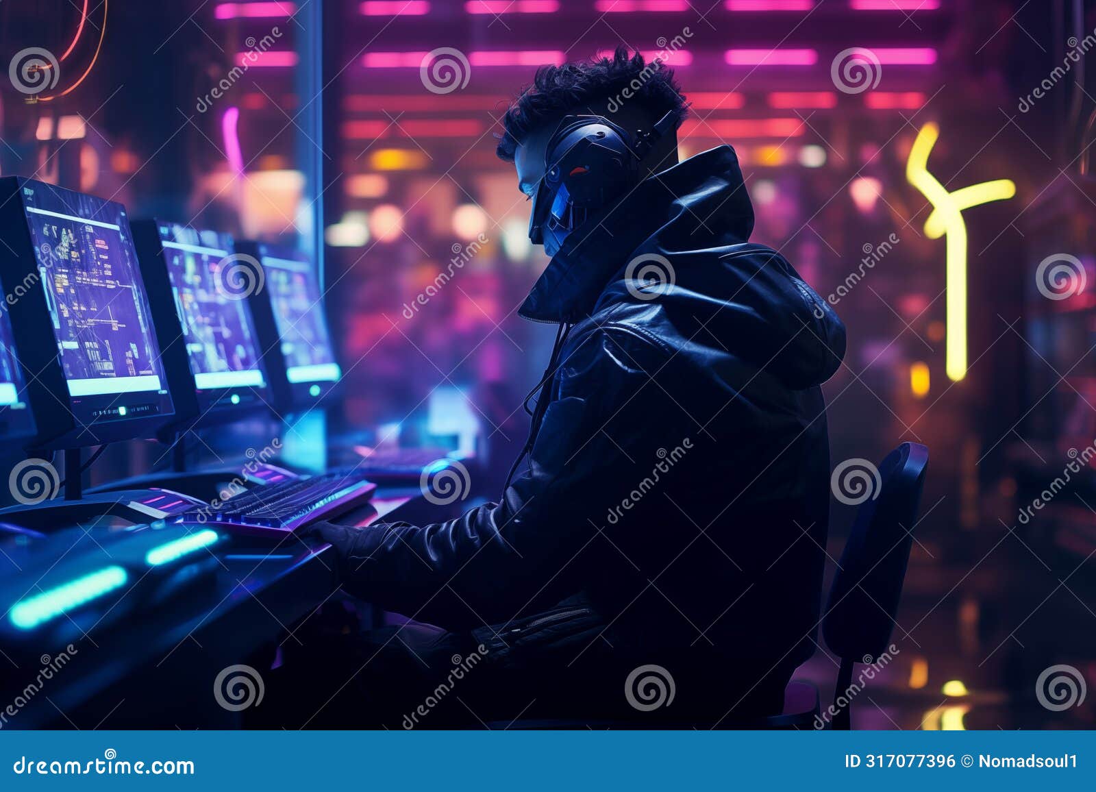 Futuristic Hacker, Illuminated by the Glow of Their Computer Screens ...