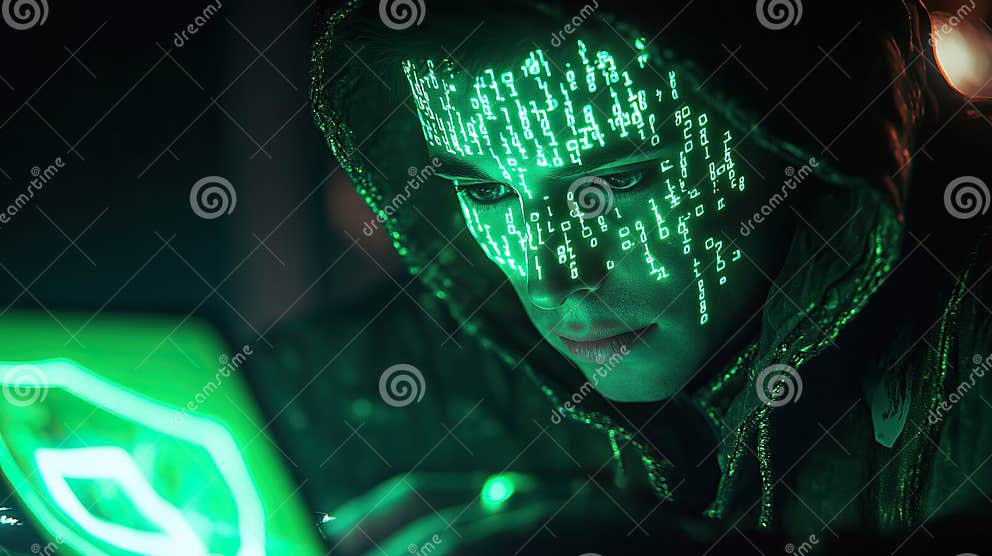 A Futuristic Hacker Immersed in a Vibrant Neon Digital Environment of ...