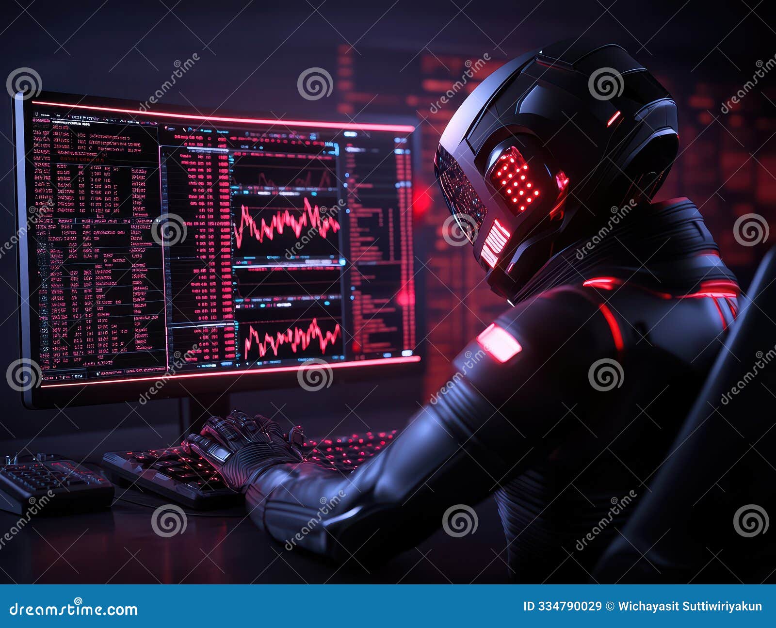 A Futuristic Hacker Working with Advanced Technology, Illuminated by ...