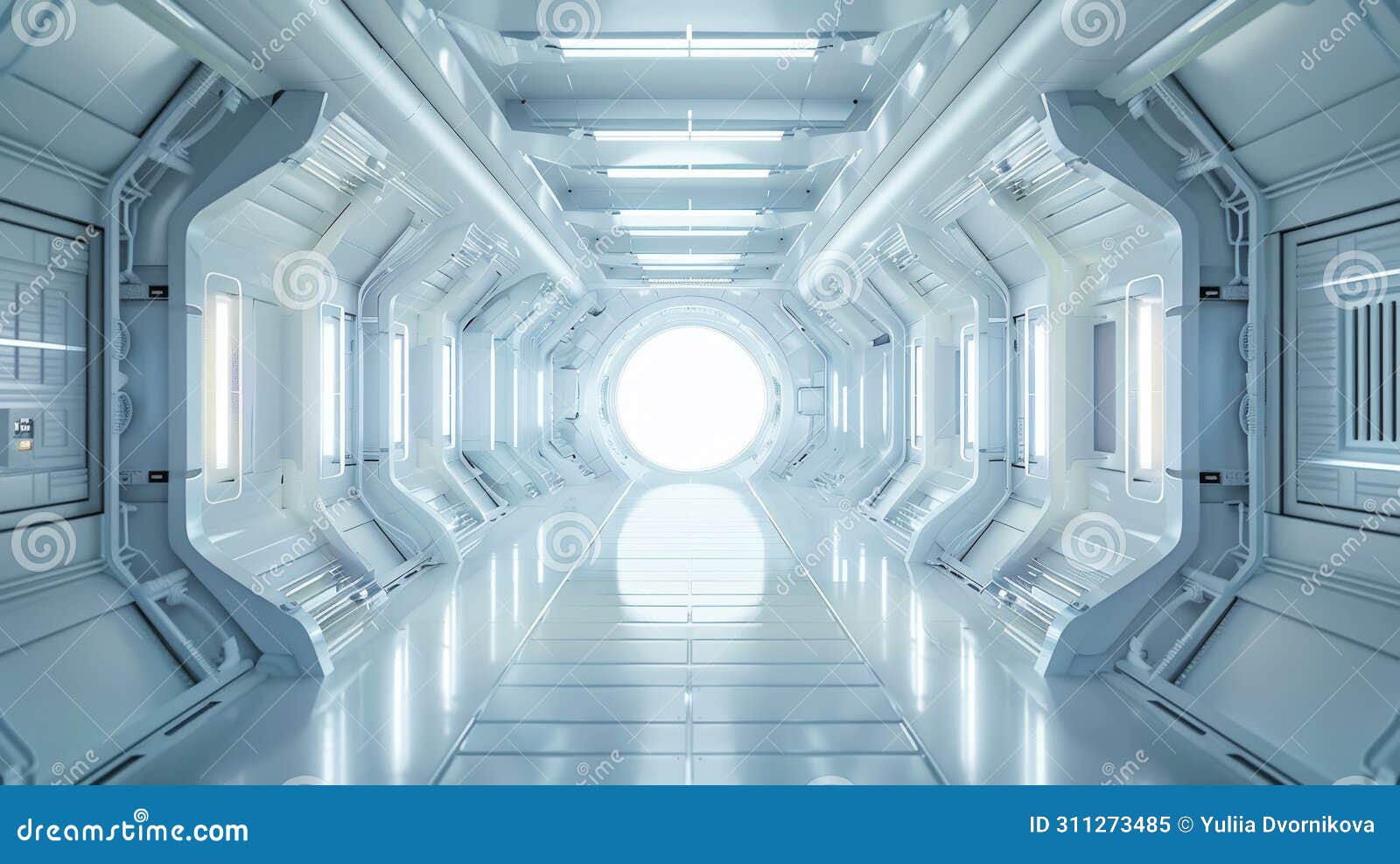 Futuristic Hall Corridor on Spaceship. Light Interior of Intergalactic ...