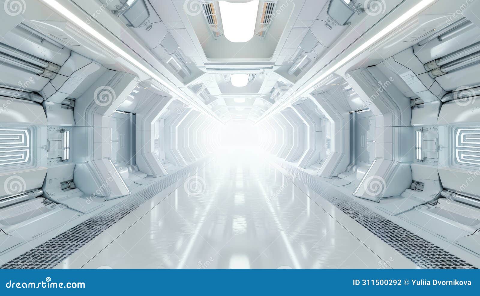 Futuristic Hall Corridor on Spaceship. Light Interior of Intergalactic ...