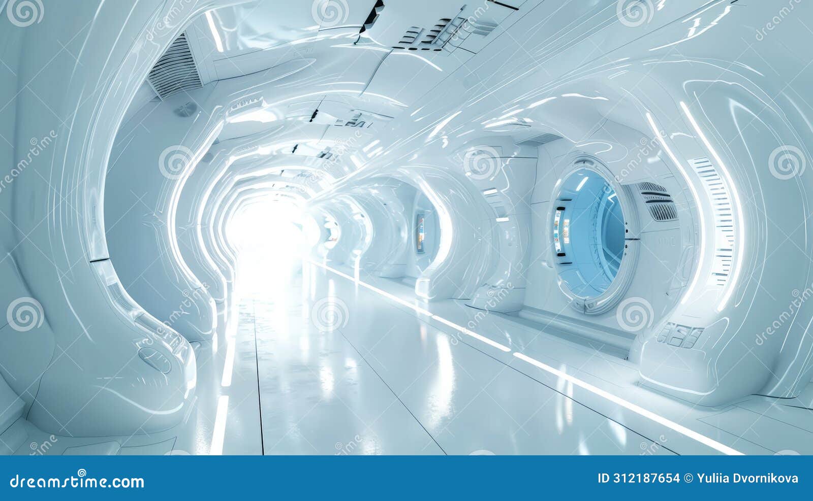 Futuristic Hall Corridor on Spaceship. Light Interior of Intergalactic ...
