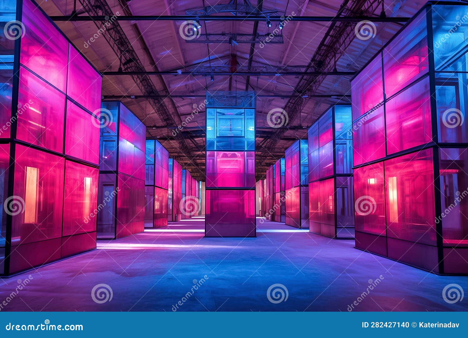 Futuristic Hall, Premises with Glowing Neon Lights. Cyberpunk Interior ...