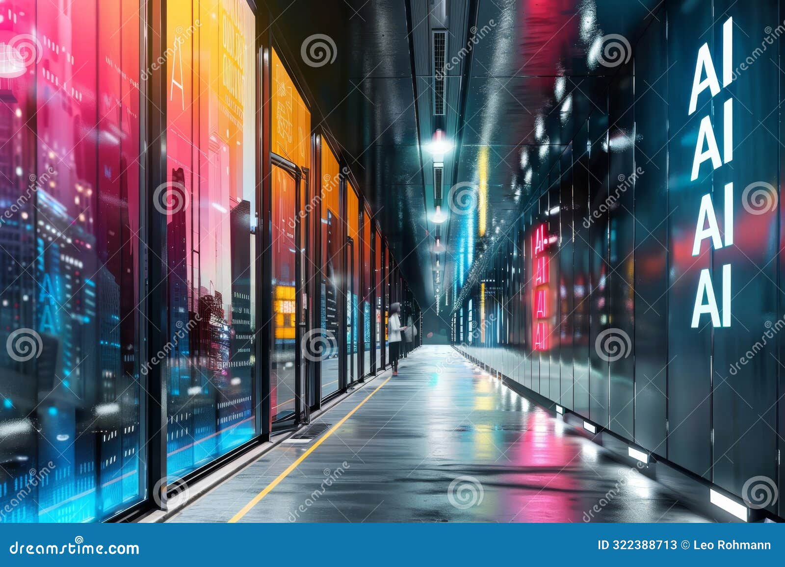 Futuristic Hallway with AI Signage and Neon Lights, Representing ...
