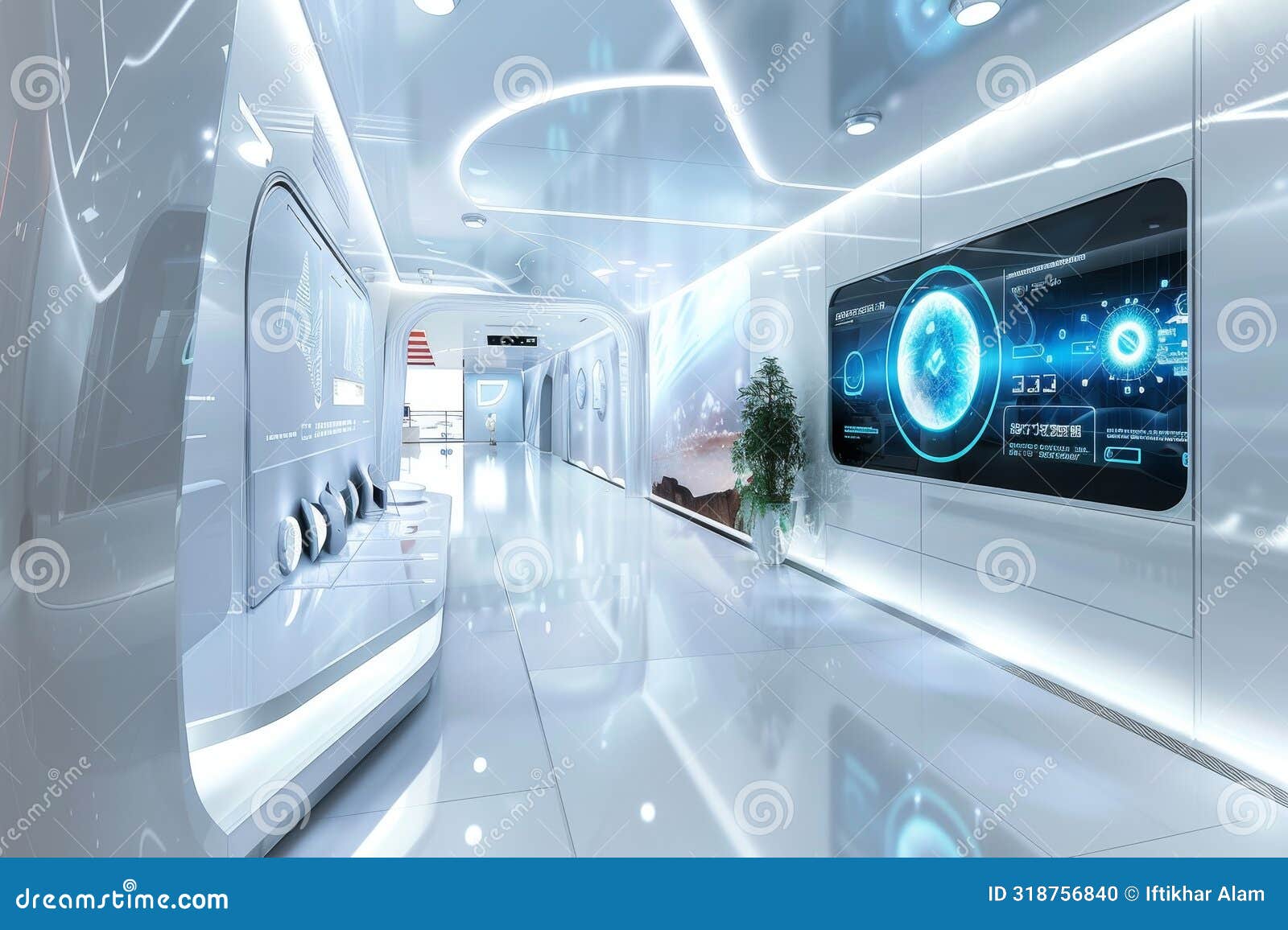 A Futuristic Hallway Featuring a Large Screen Mounted on the Wall ...