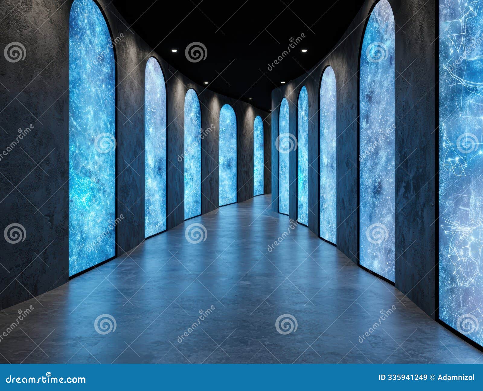 Futuristic Hallway with Glowing Blue Arched Windows Stock Illustration ...