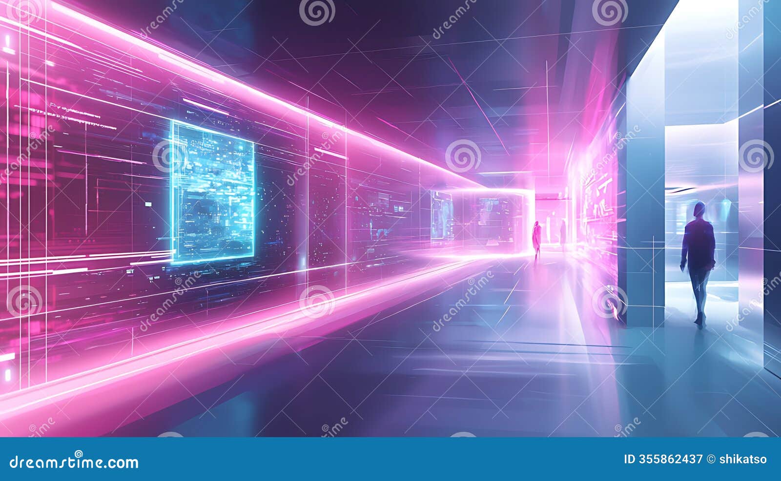 Futuristic Hallway with Glowing Digital Screens and People Walking ...
