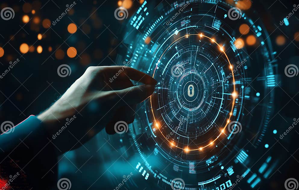 Futuristic Hand Engaging with Digital Security Interface and Lock ...