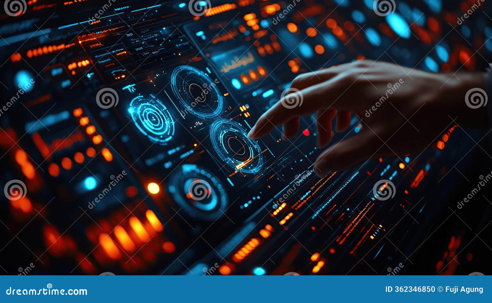Futuristic Hand Interacting with a Glowing Digital Interface Displaying Complex Data ...