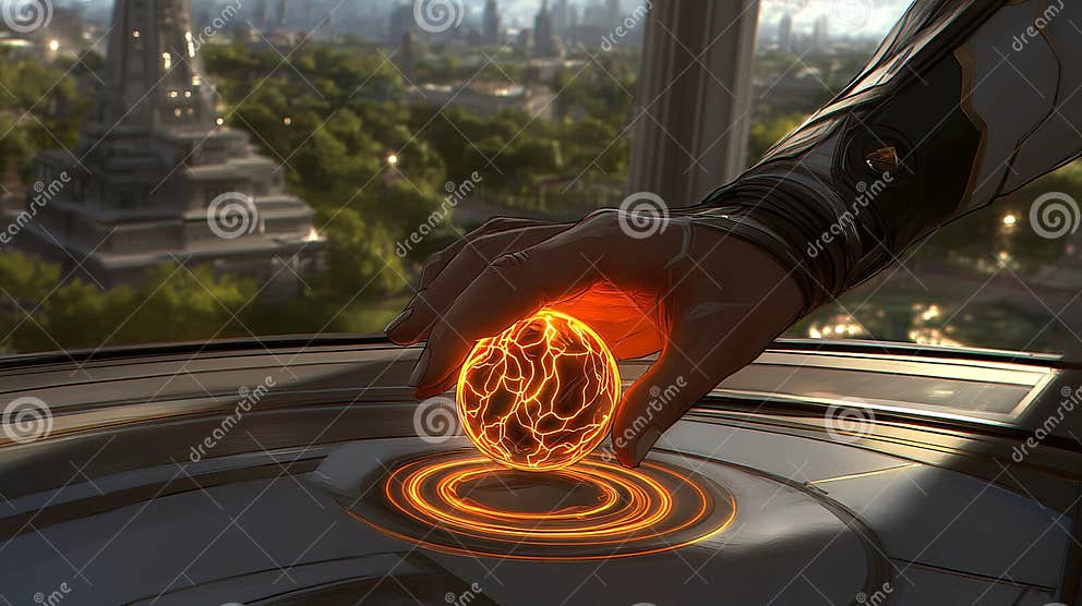 Futuristic Hand Controls Glowing Orb Sci Fi Cityscape Background Stock ...