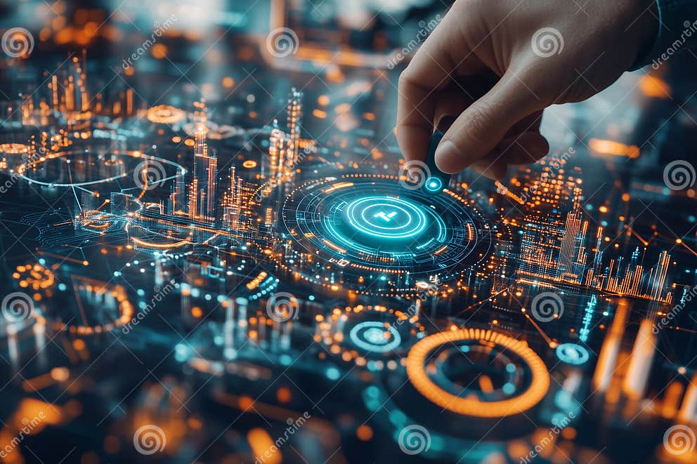 Futuristic Hand Pressing Neon Tech Button on Digital Interface ...