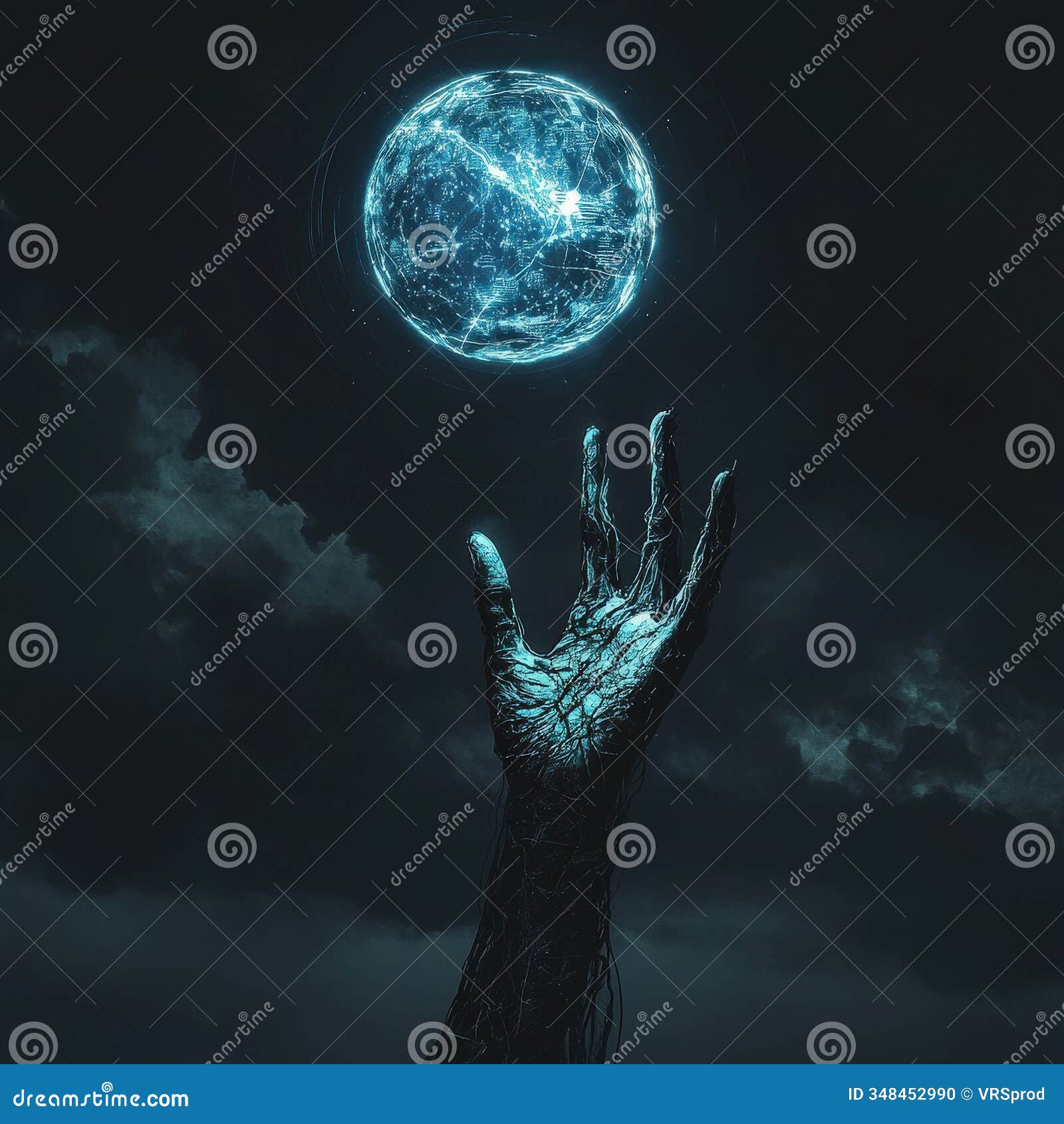 Futuristic Hand Reaching for Glowing Orb at Night Stock Photo - Image ...