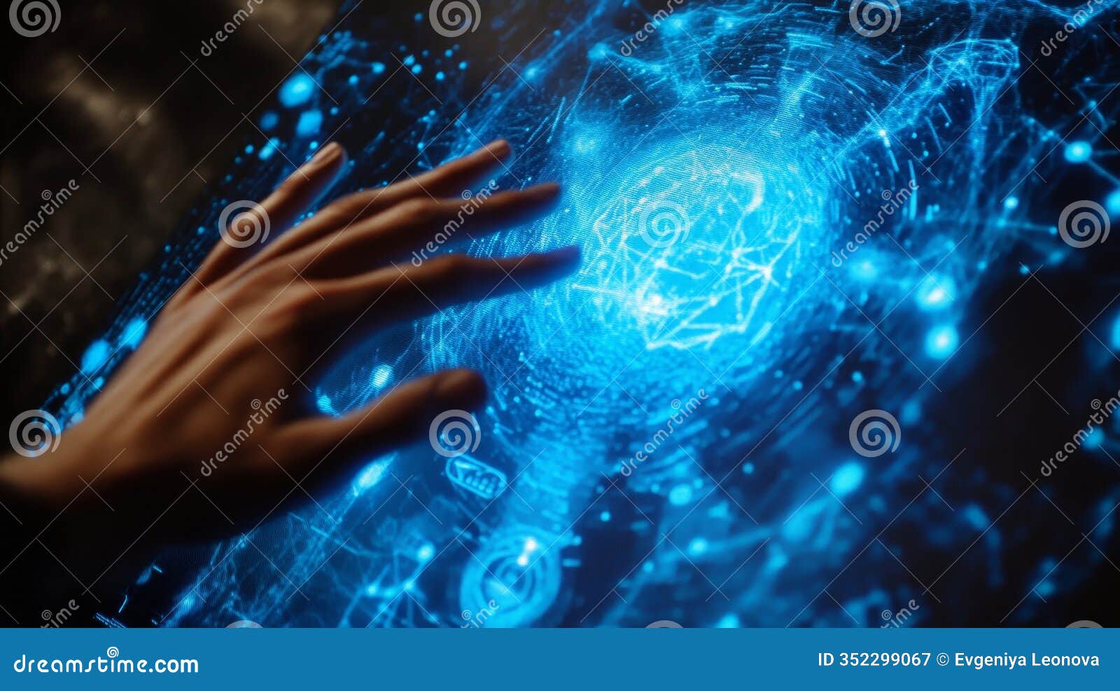 Futuristic Hand Reaching for a Luminous Blue Digital Interface with ...