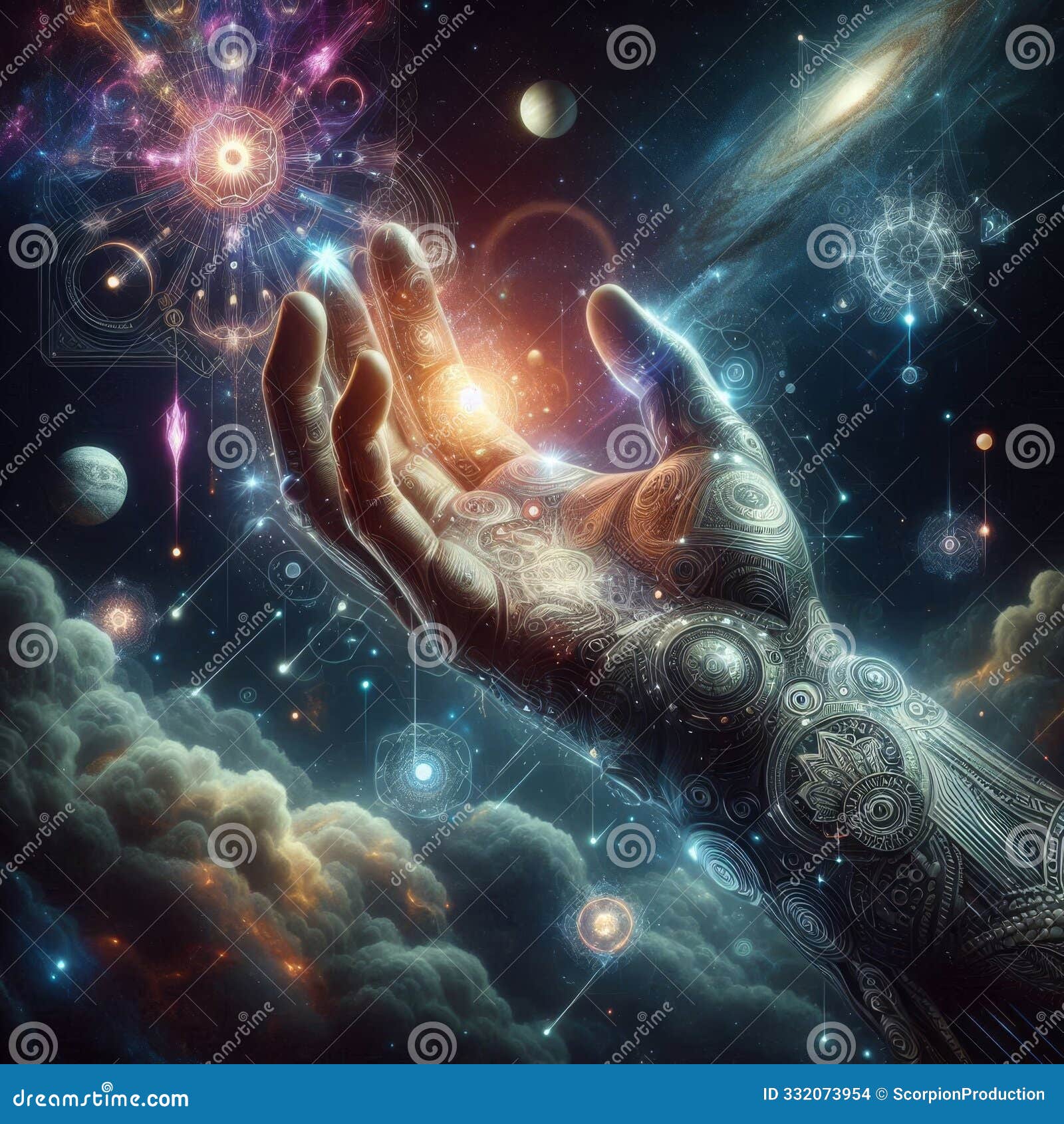 Futuristic Hand Reaching Towards Cosmic Elements in Space Stock Photo ...