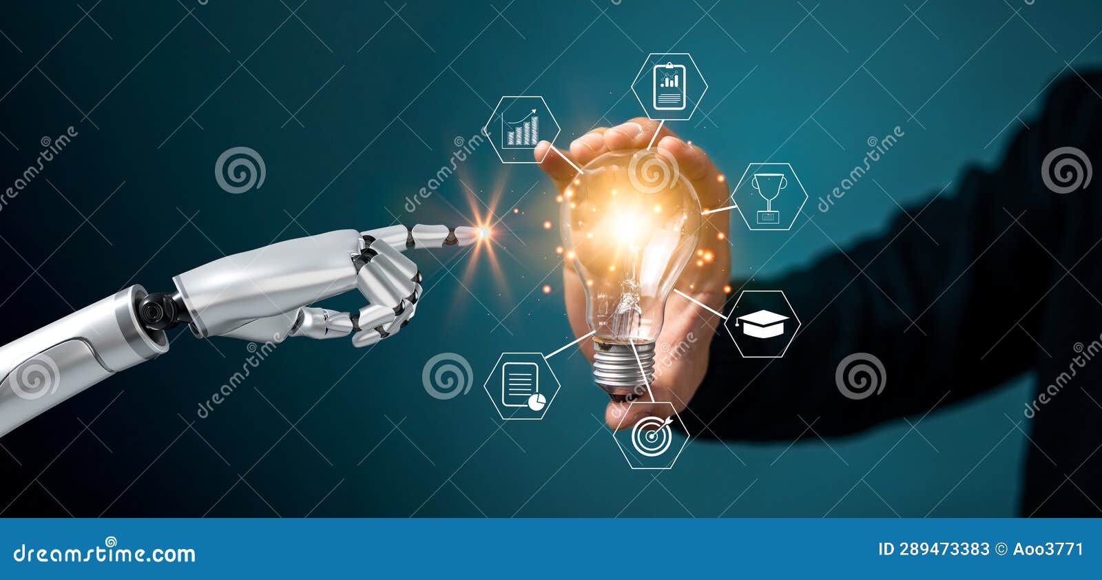 Futuristic Hand Robot Pointing Lightbulb, Representing Concepts Of ...