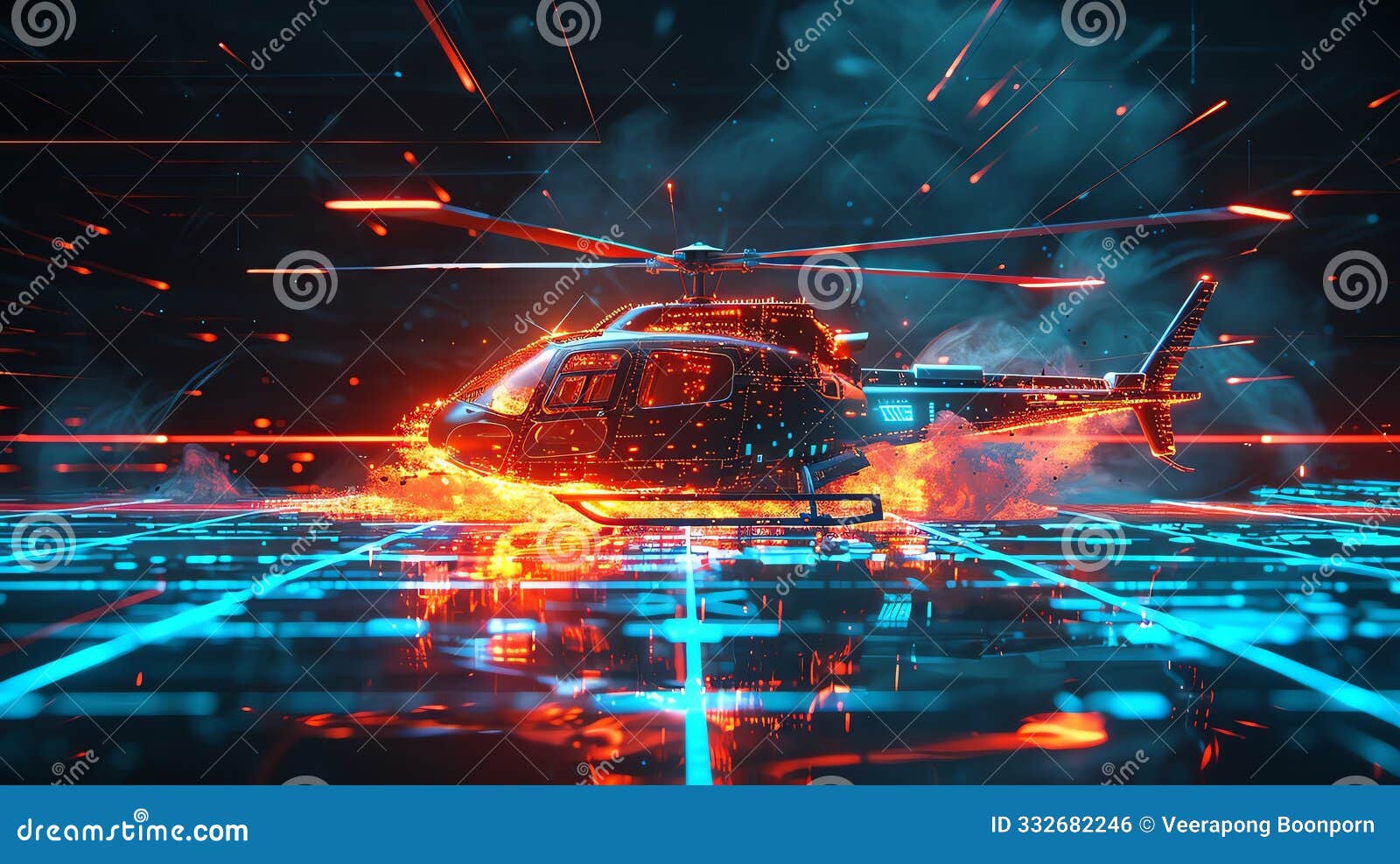 A Futuristic Helicopter with Glowing Lights and Digital Grid Background ...