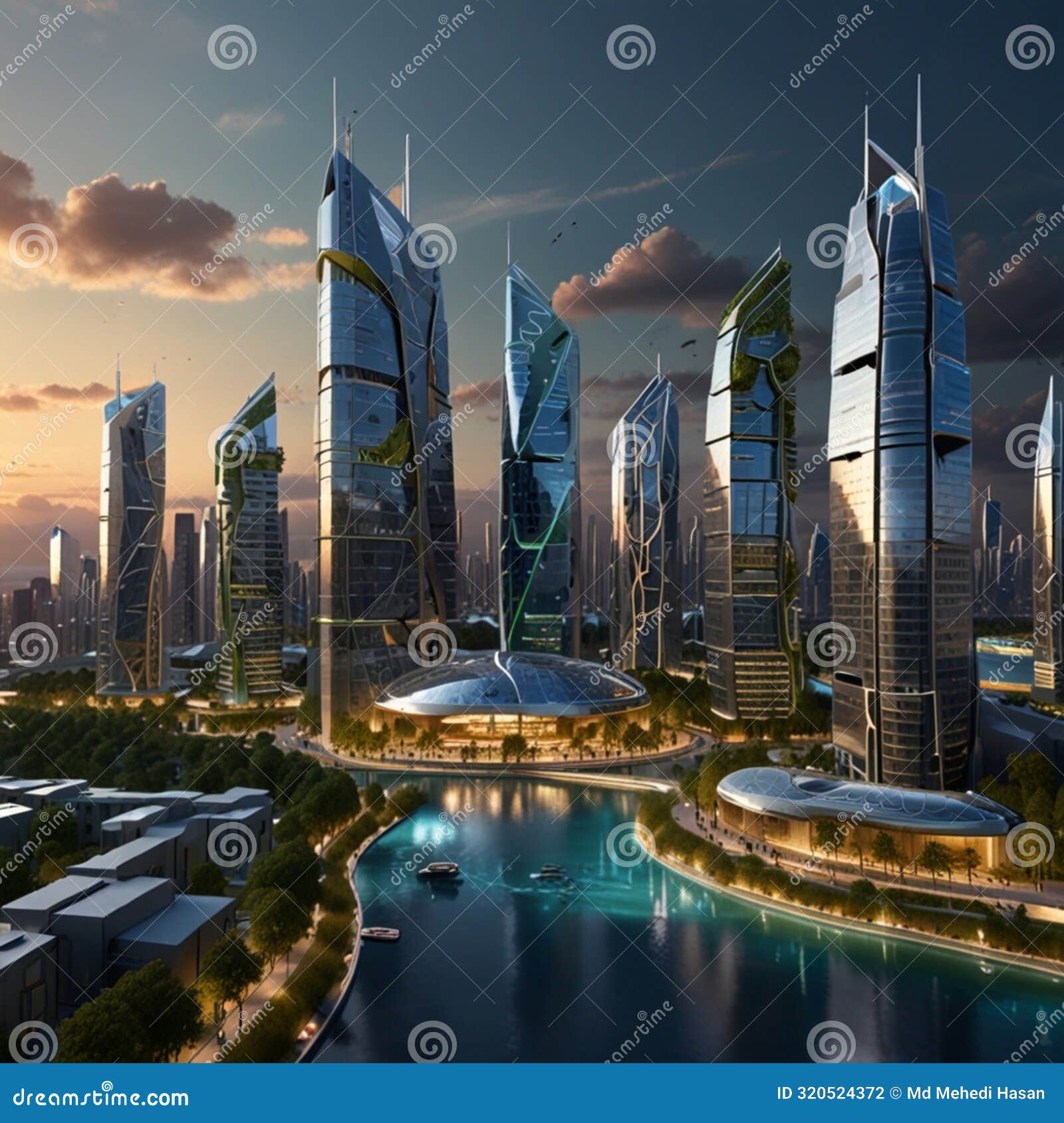 Futuristic Hi-Tech Building on City Also Water Lake. Ai Generated Stock ...