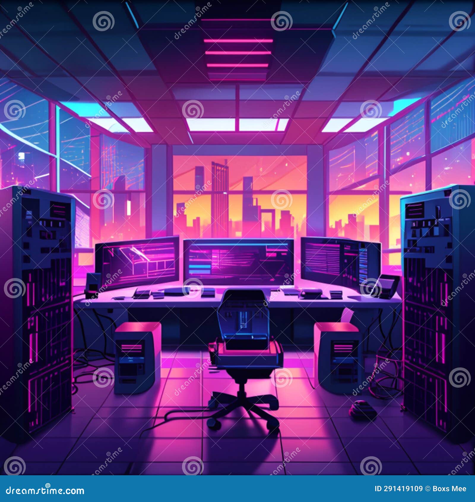 Futuristic Hi-tech Office Interior with Large Windows and Computer ...
