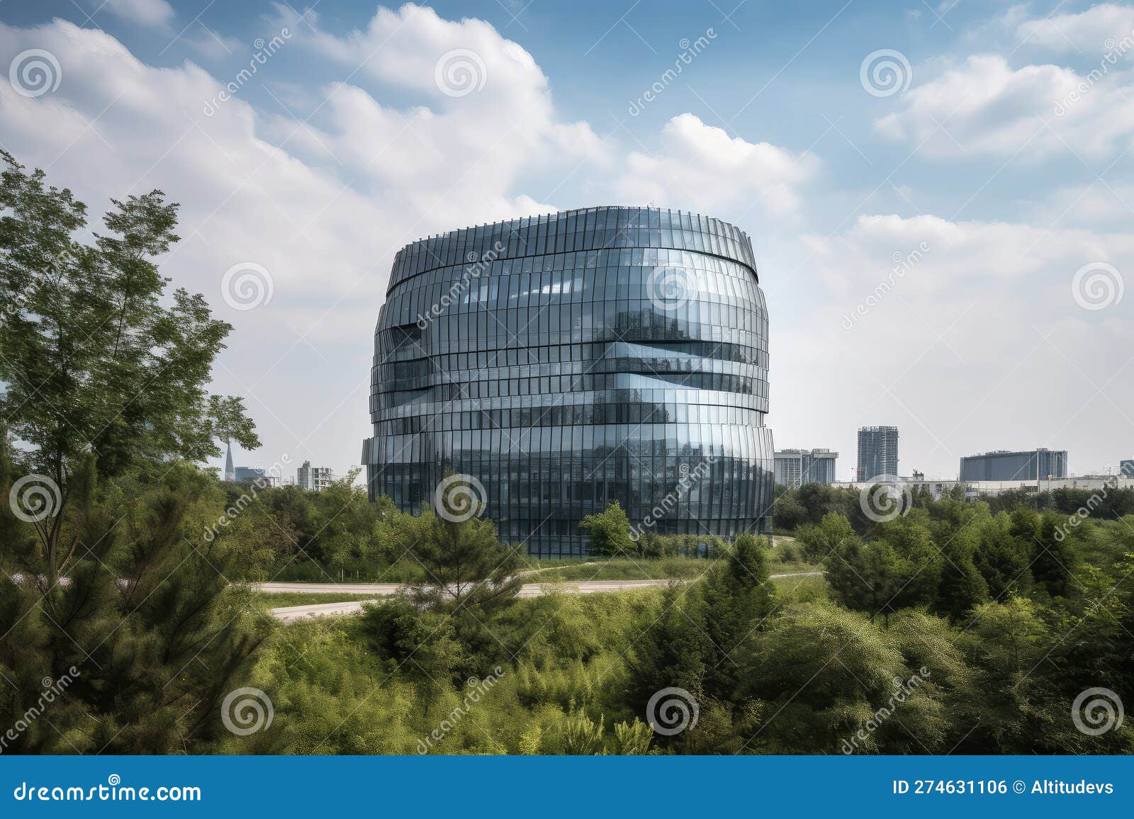 A Futuristic High-rise with Metallic and Glass Facade, Surrounded by ...