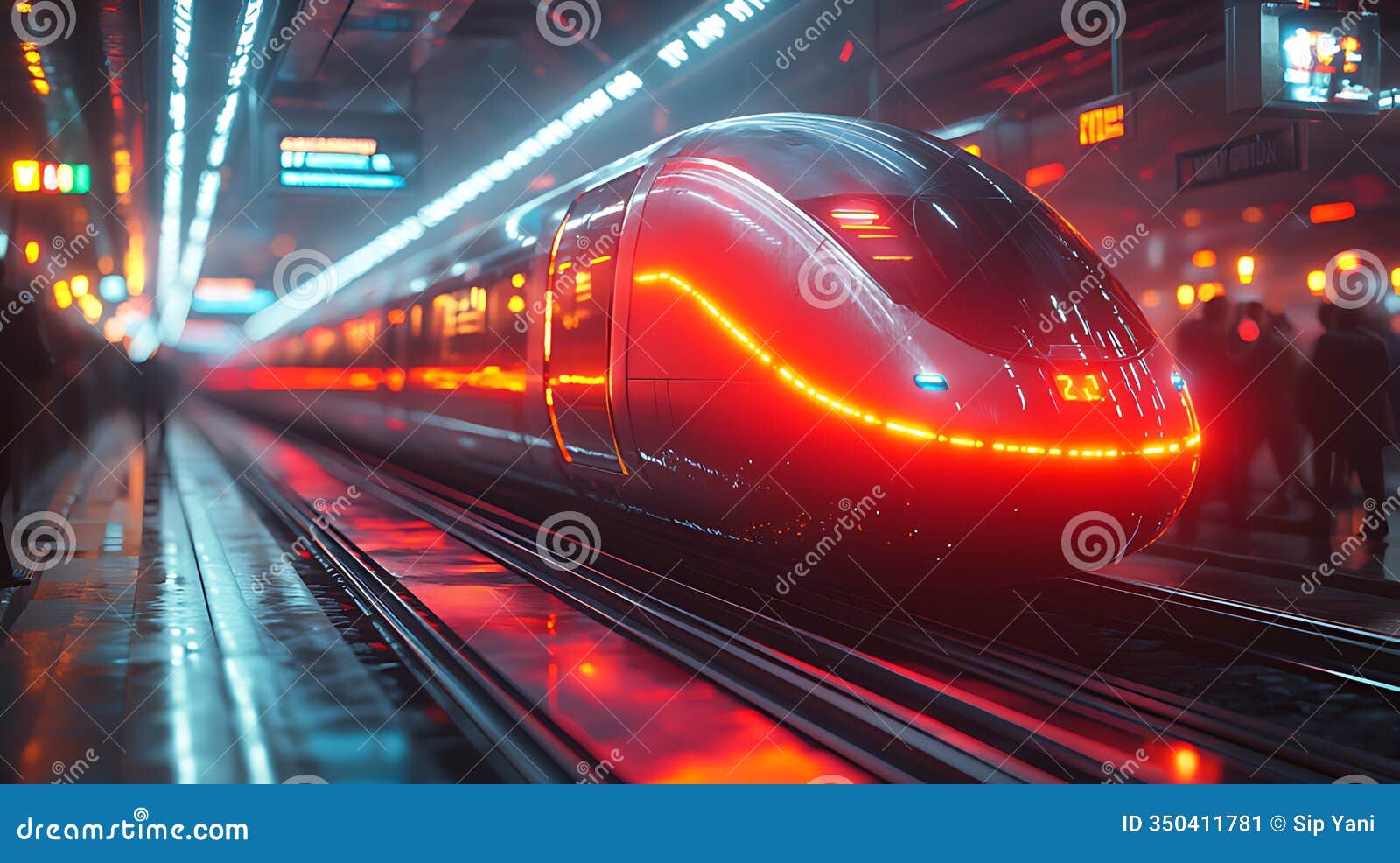 A Futuristic High-speed Train with Neon Lights Pulls into a Subway ...