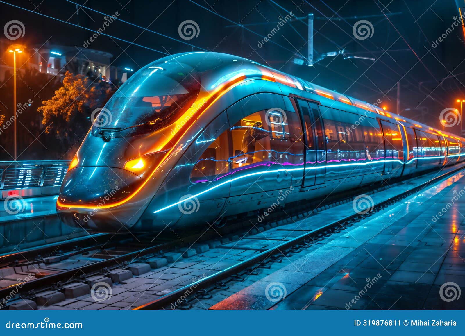 Futuristic High-Speed Train at Night Station. Colorful Illustration Stock Illustration ...