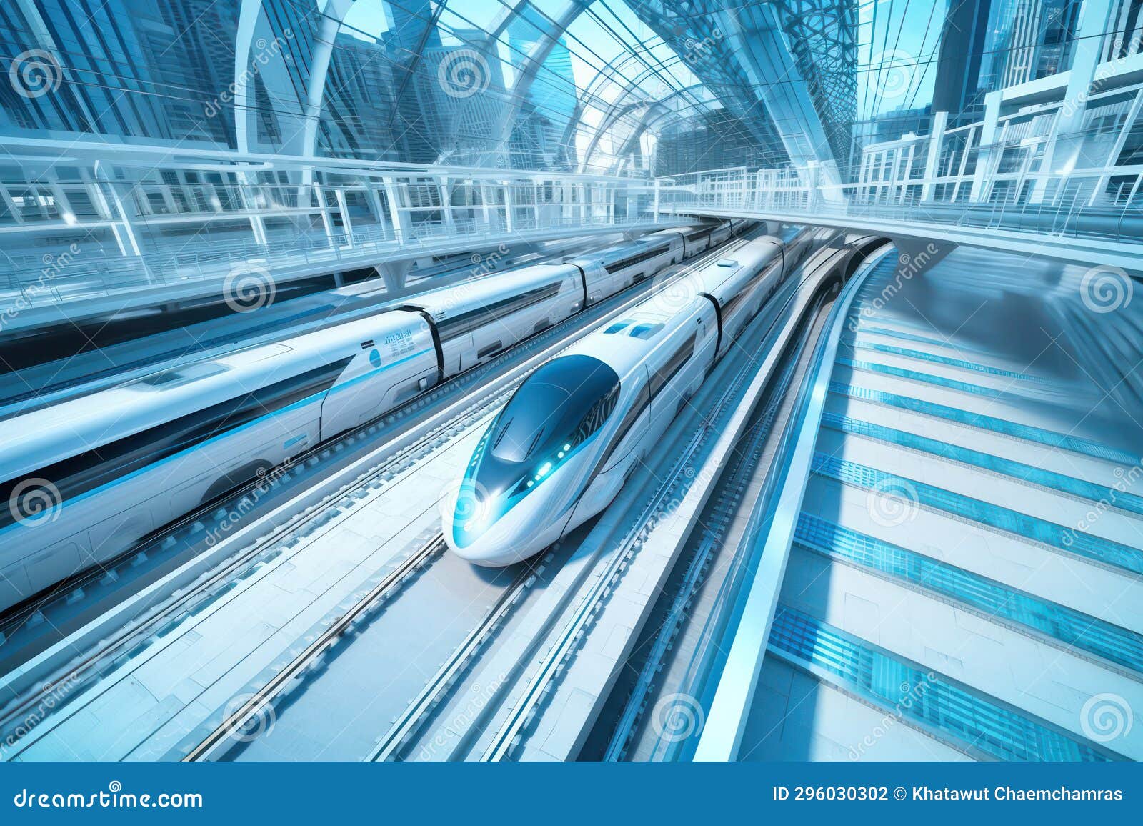 Futuristic High-Speed Trains in the Heart of Modern Metropolis Stock ...