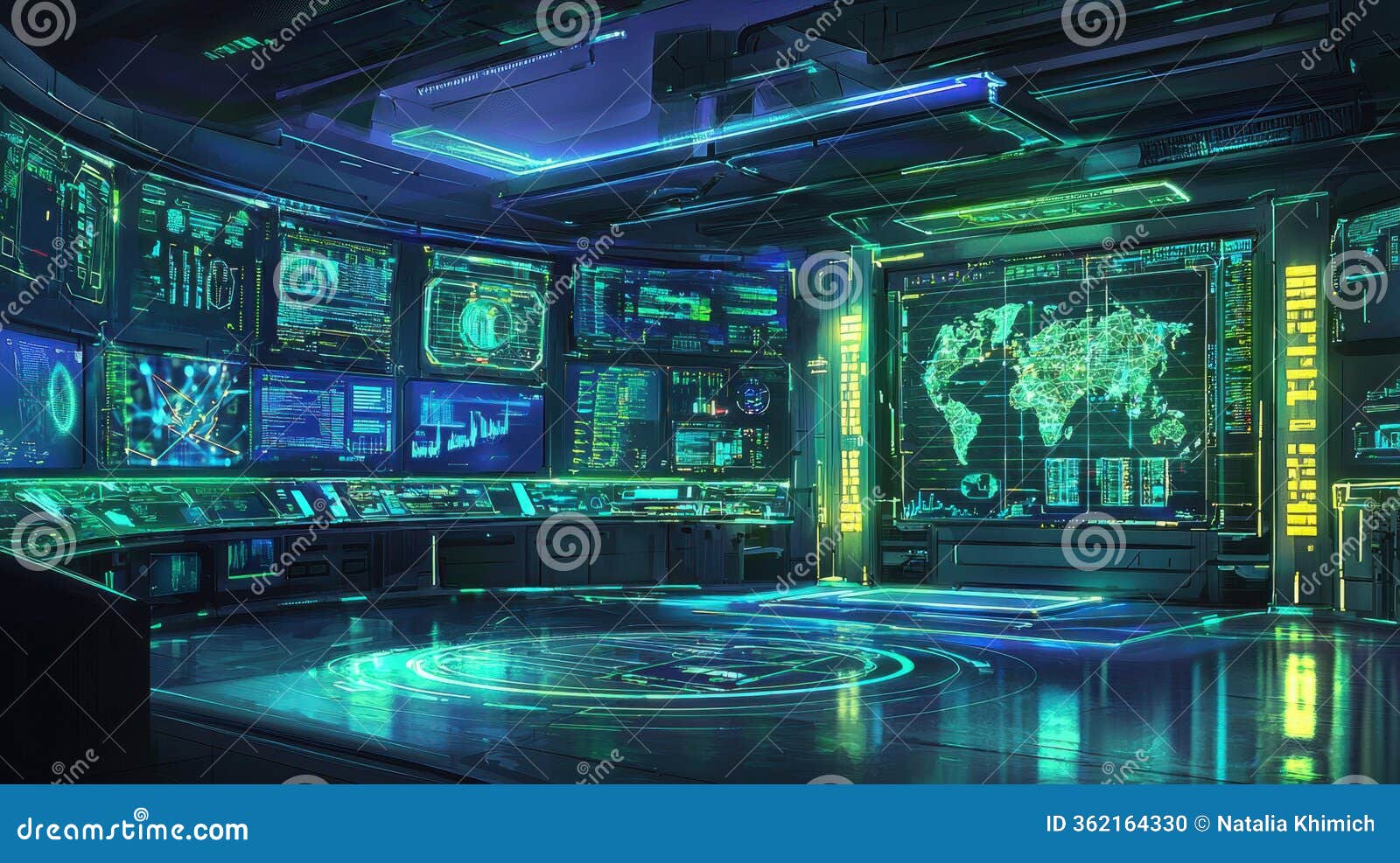 Futuristic High-tech Control Room with Digital Map and Data Displays ...