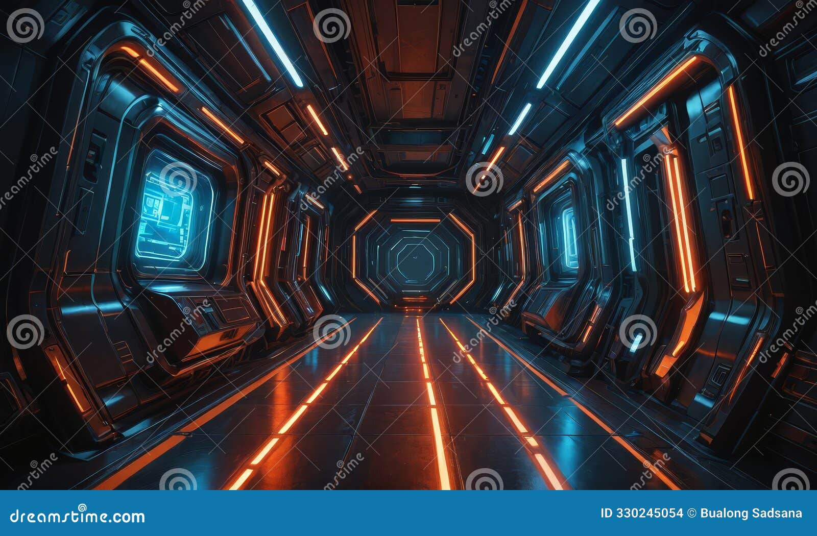 Futuristic, High-tech Corridor with Curved Ceiling, Illuminated by Blue ...
