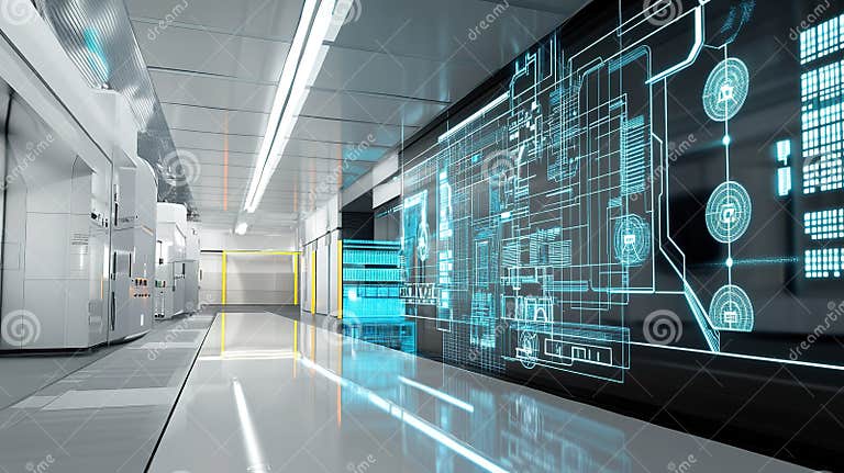 Futuristic High-tech Corridor with Glowing Interface Elements in a ...