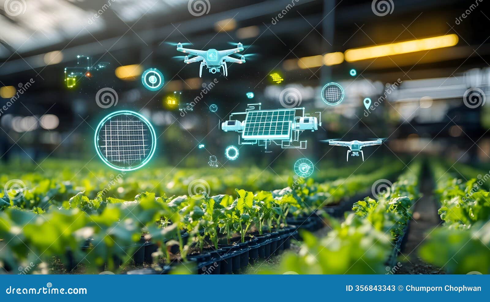 Futuristic High Tech Farm with Floating Icons of Drones Crops and Solar ...