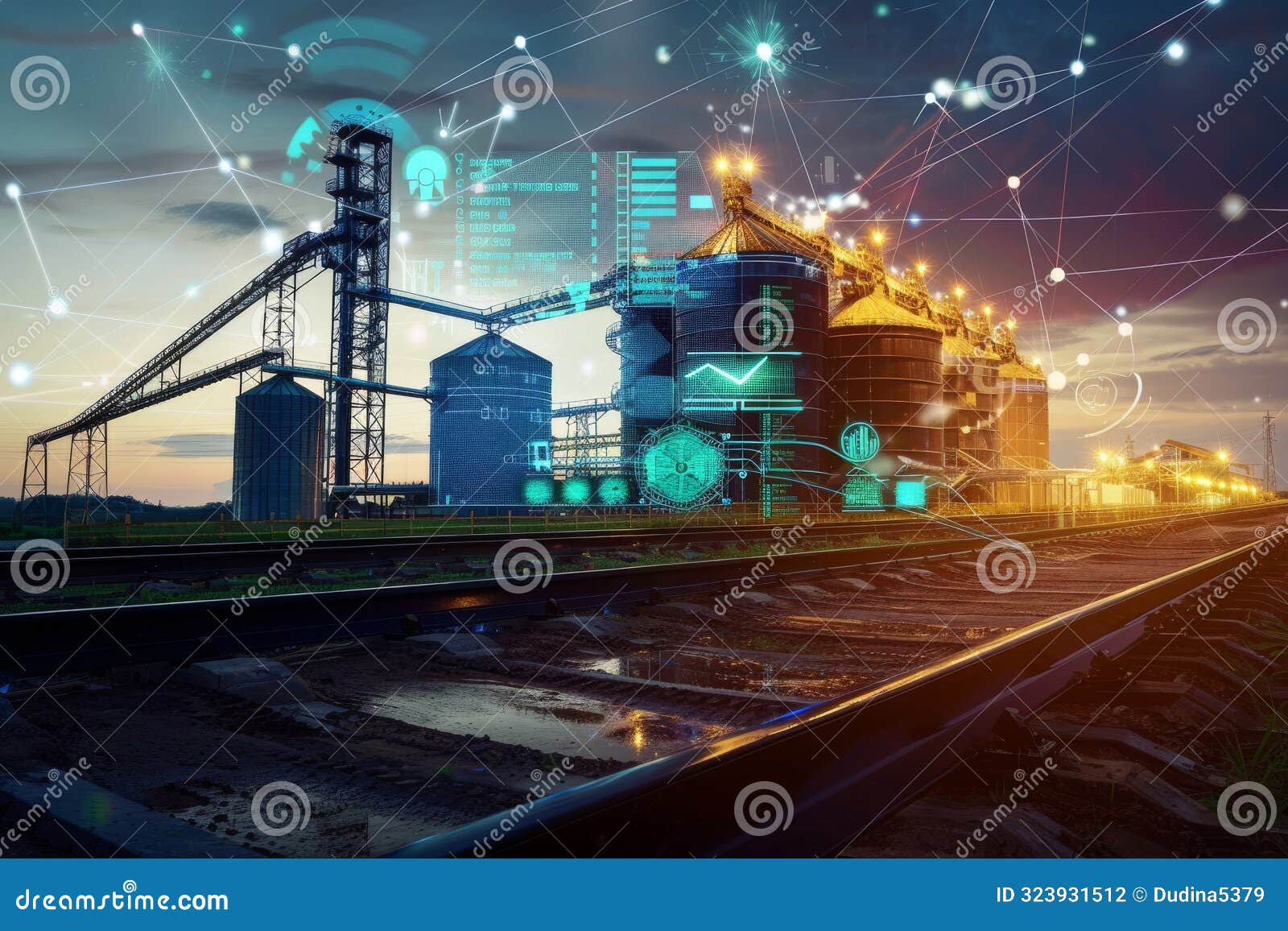 Futuristic High-tech Grain Storage Facilities at Twilight with Advanced ...