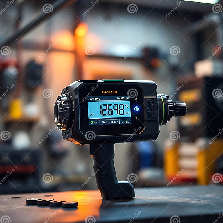 A Futuristic High Tech Torque Tool with a Digital Screen Illuminated Under Ambient Workshop ...