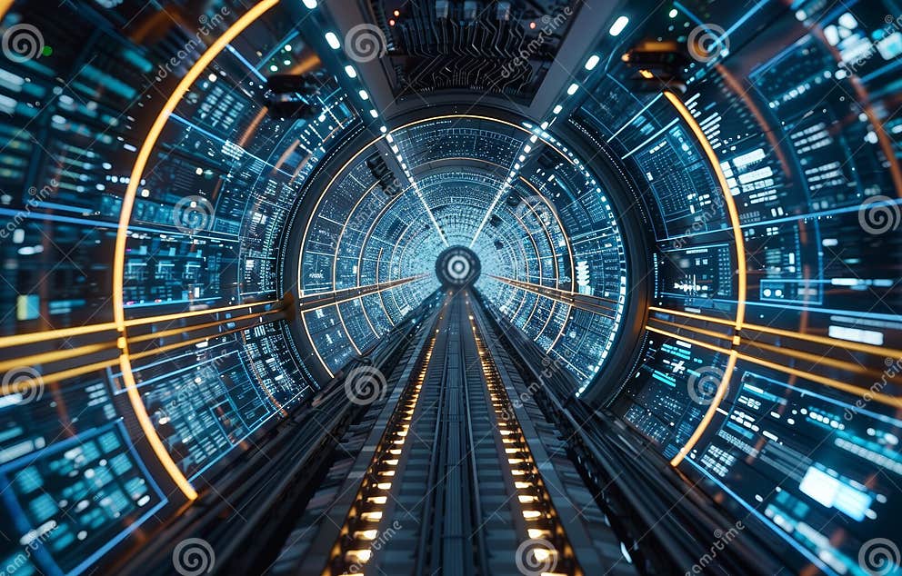 Futuristic HighTech Tunnel with Digital Interfaces and Glowing Lights ...