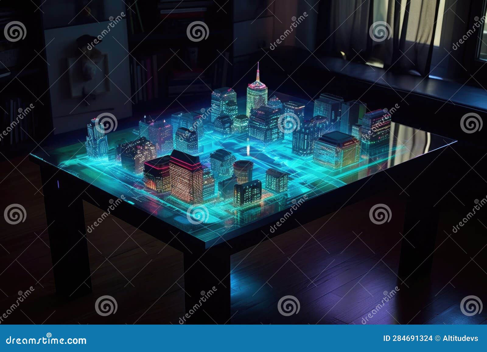 Futuristic Holographic Cityscape Projection on Table Stock Illustration ...