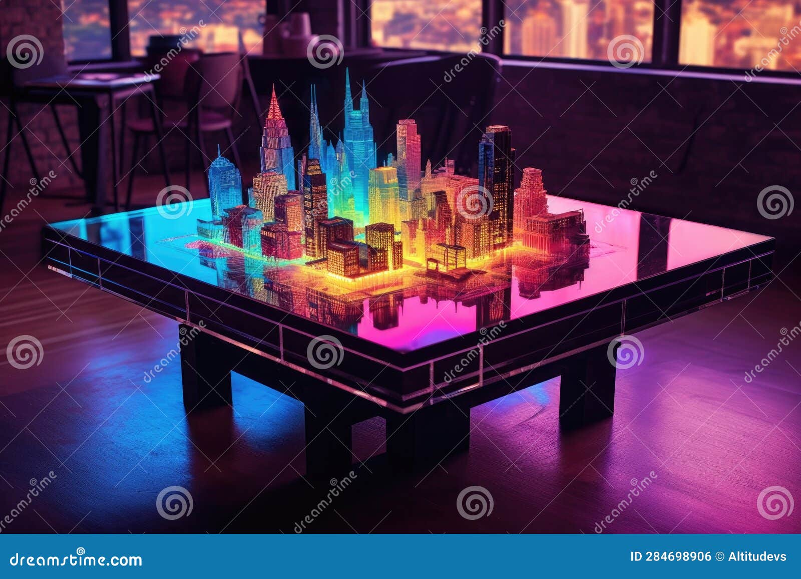 Futuristic Holographic Cityscape on a Table Stock Photo - Image of ...