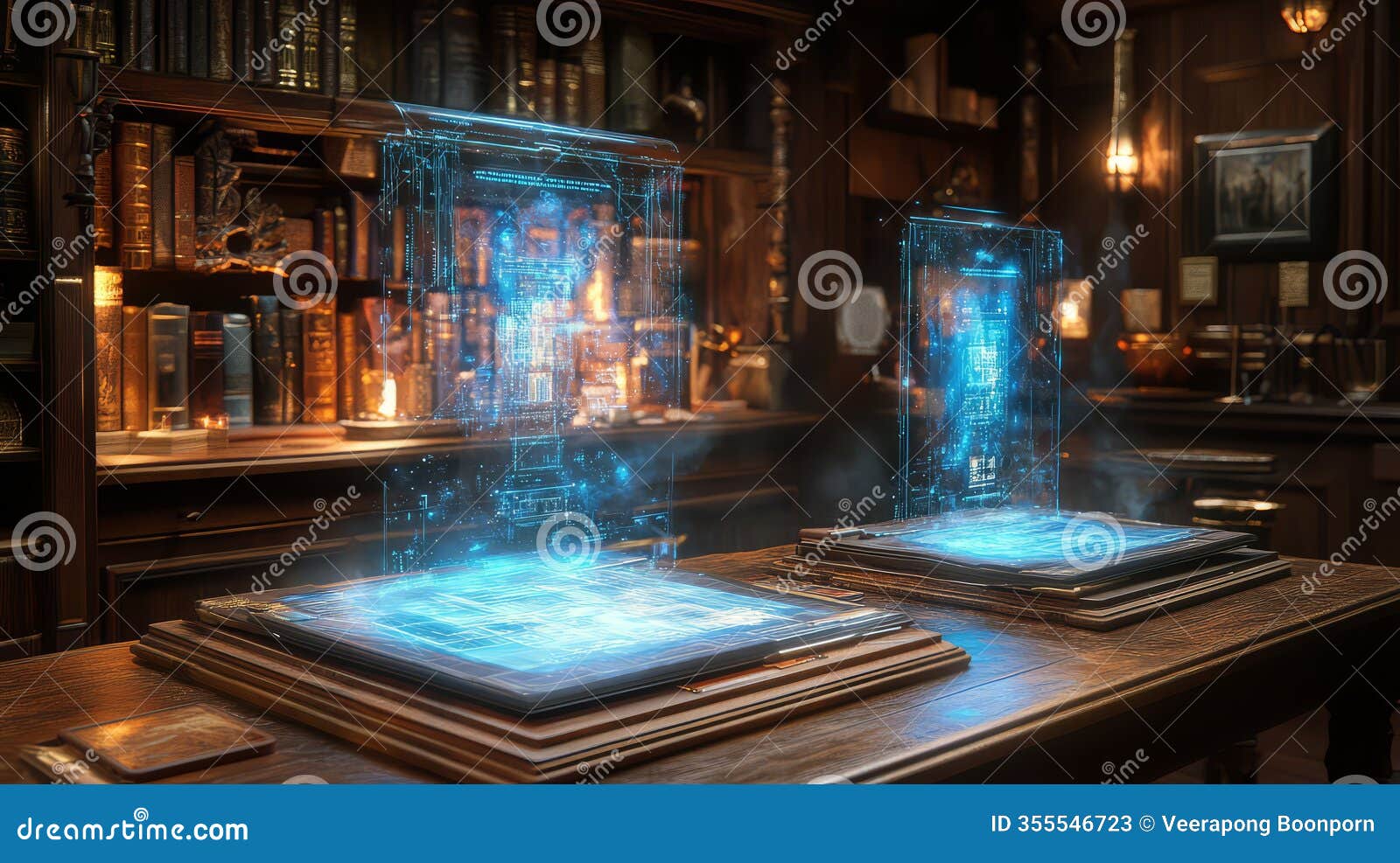 Futuristic Holographic Interfaces in a Cozy Library Setting, Blending ...