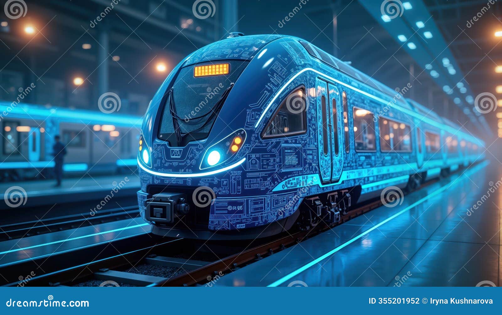 Futuristic Holographic Train Blueprint on Station Platform. Tech ...
