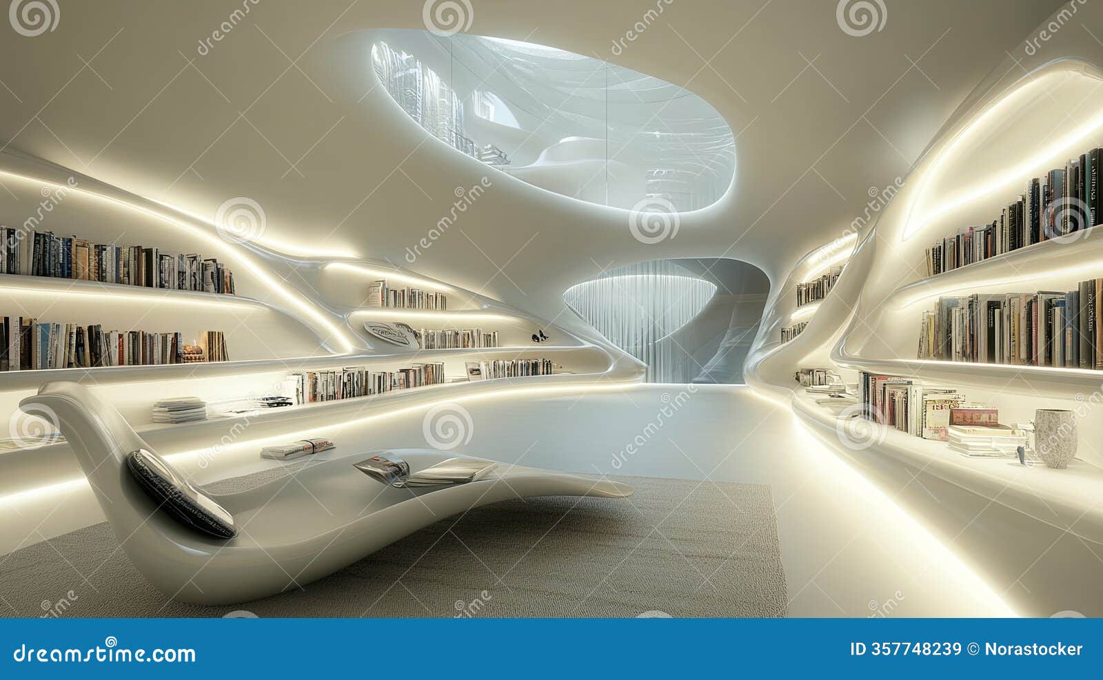 A Futuristic Home Library with Curved Shelves and Integrated Lighting ...