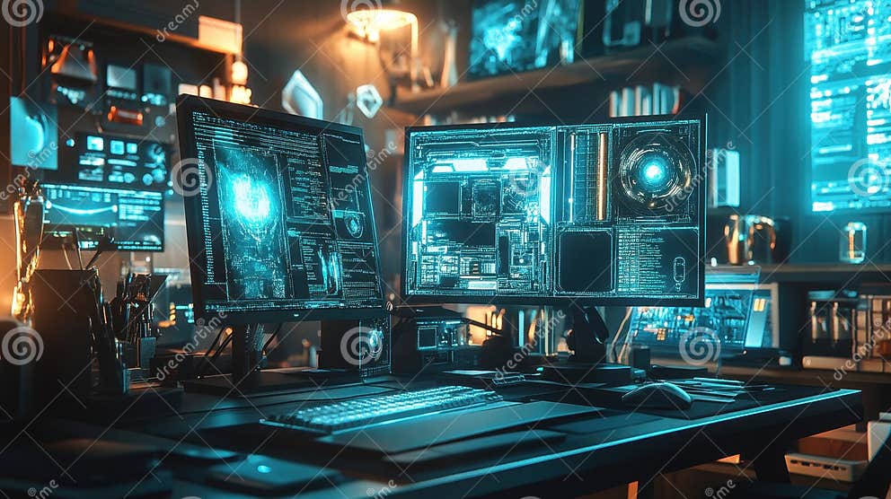 Modern Quantum Computer Setup in Home Office Stock Illustration ...