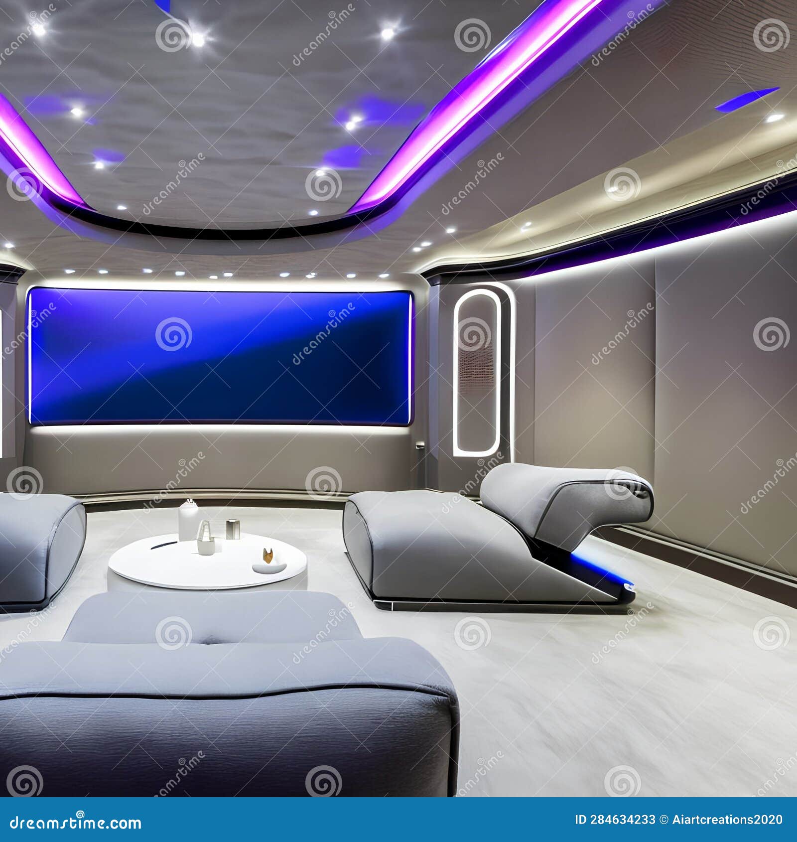A Futuristic Home Theater with Plush Recliners, a Projector Screen, and ...