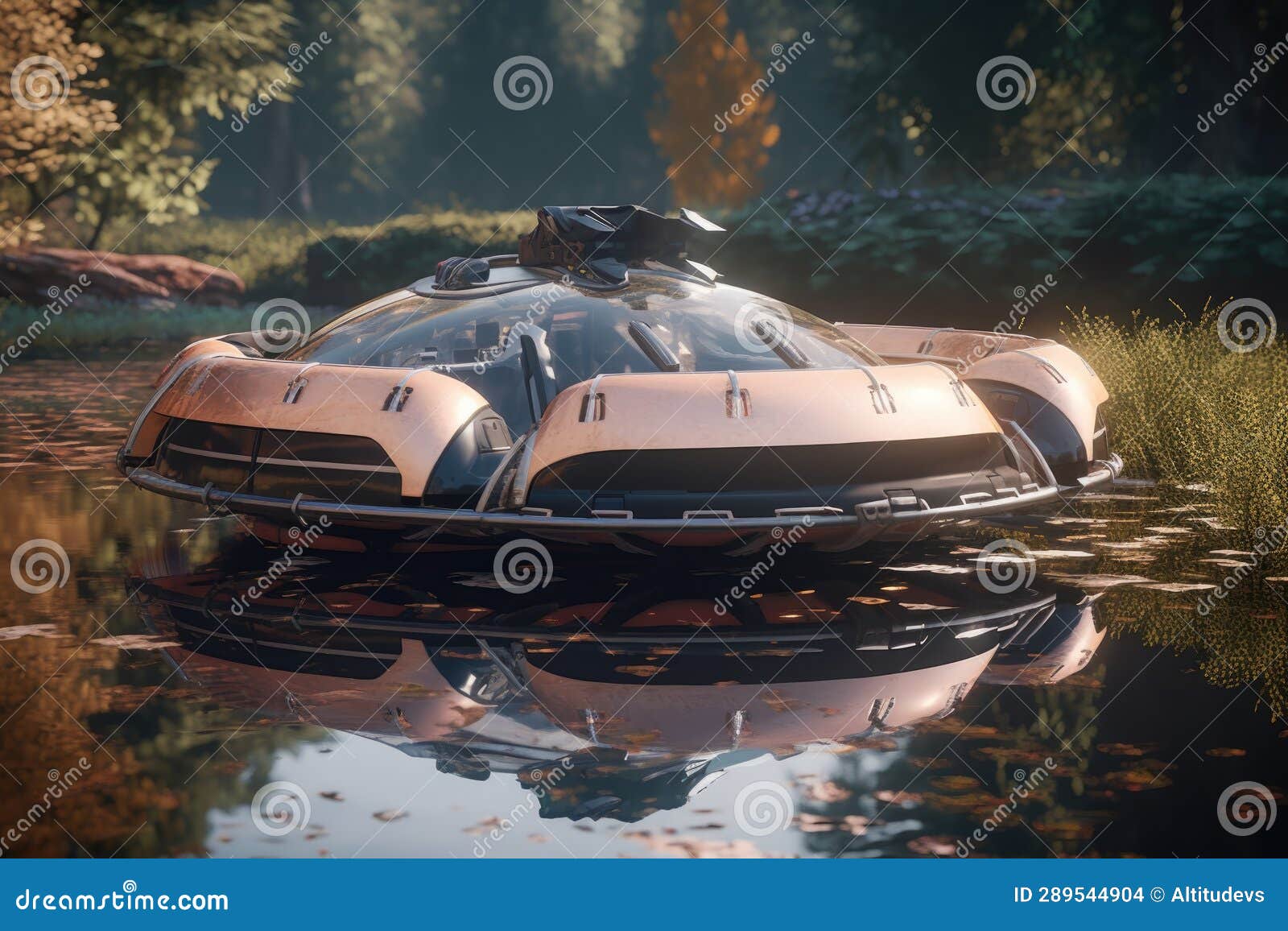 Hovercraft Flying Over A City At Night, With Buildings Lit Up Royalty ...